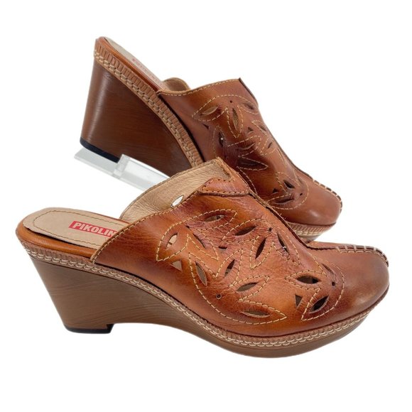 PIKOLINOS | Shoes | Pikolinos Brown Leather Floral Wedges High Heel ...